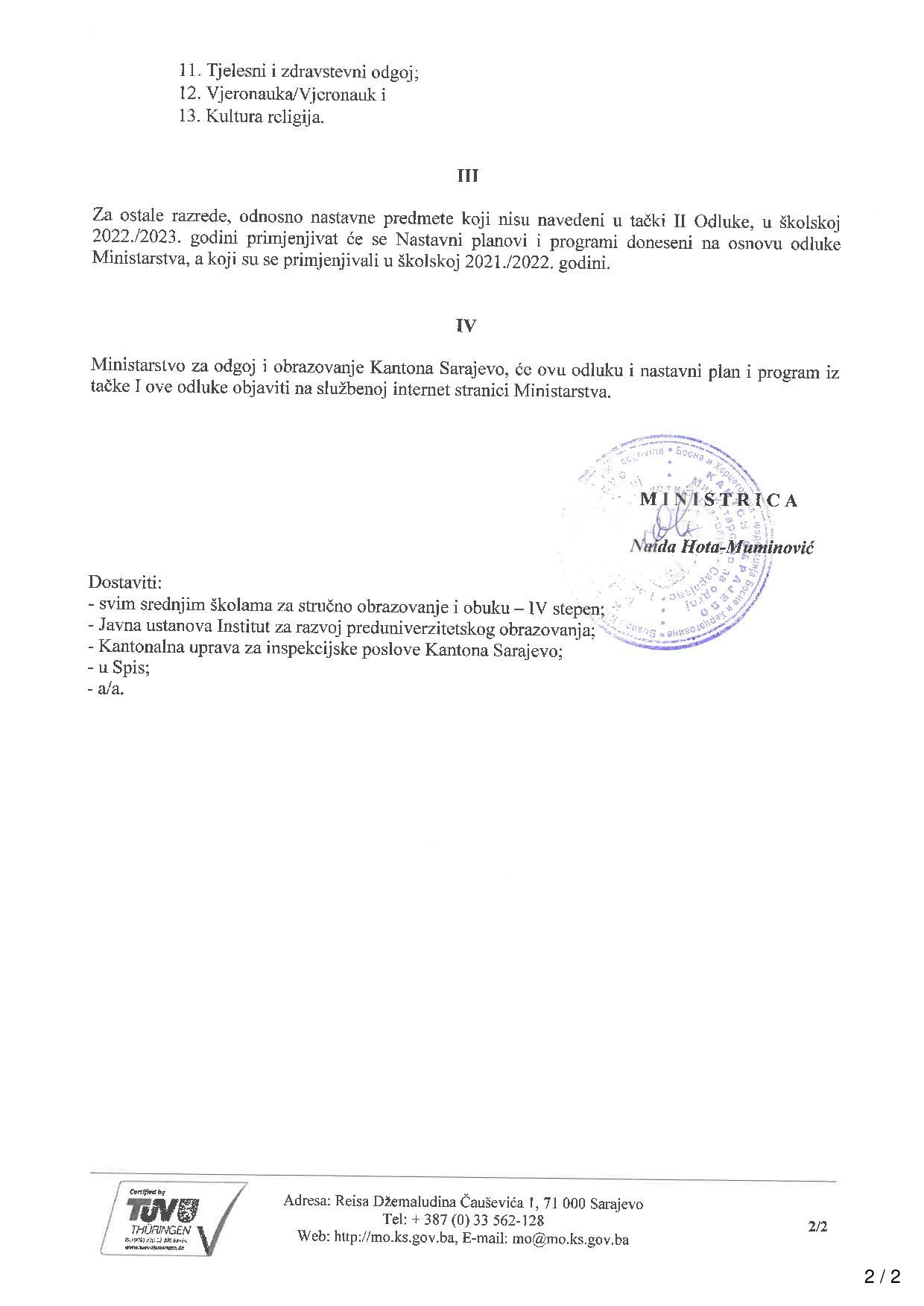 Odluka o donošenju Nastavnog plana i programa za srednje škole za stručno obrazovanje i obuku ...